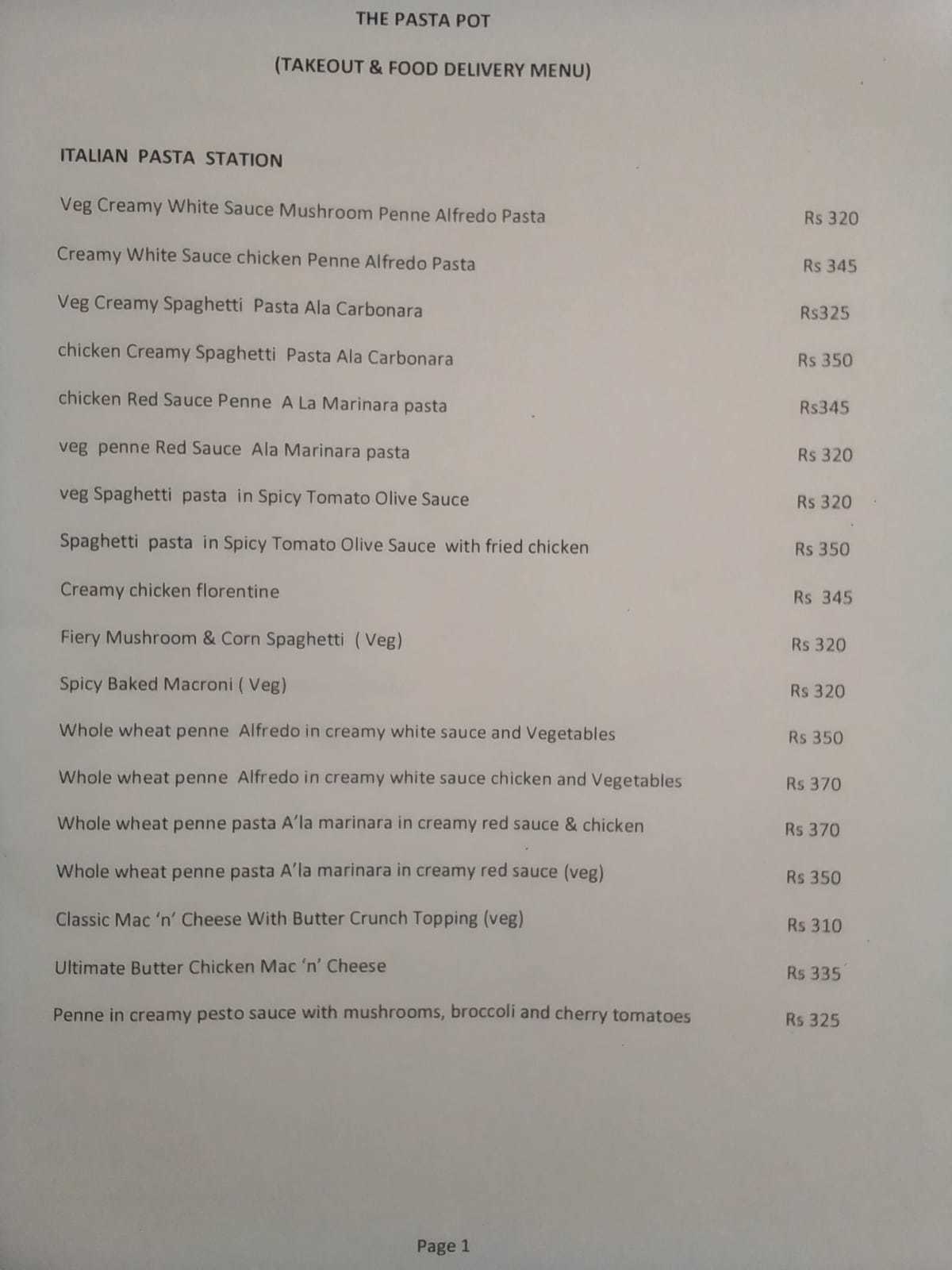 Menu of The Pasta Pot, Avadi, Chennai