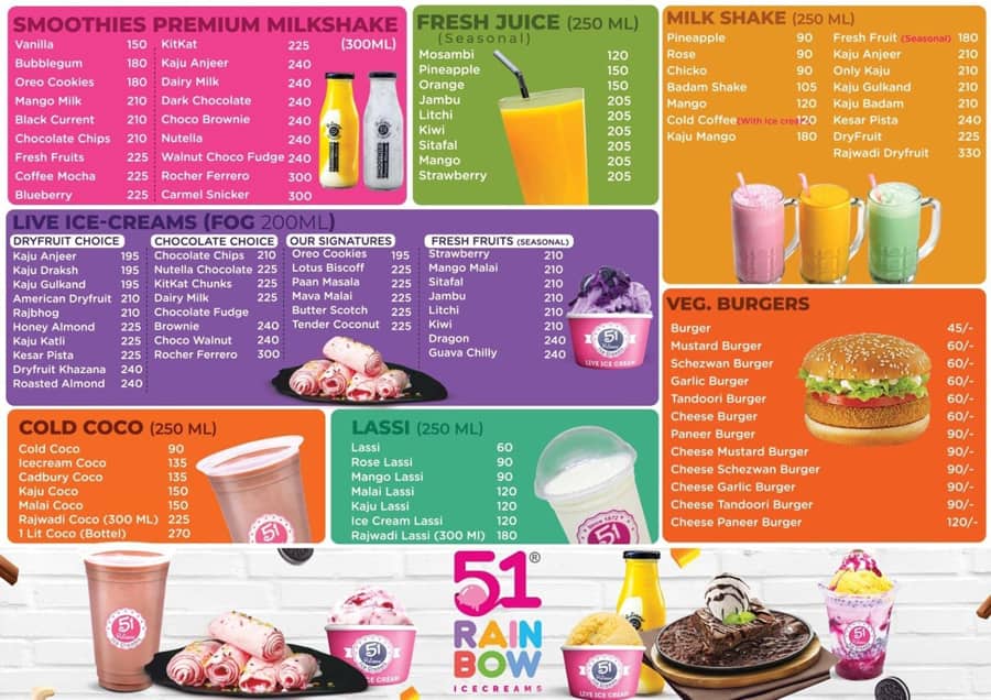 Menu of 51 Rainbow Ice Cream, Adajan Gam, Surat