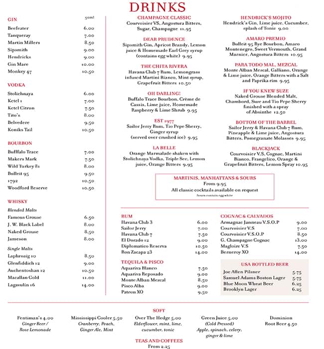 Menu at Joe Allen Restaurant, London