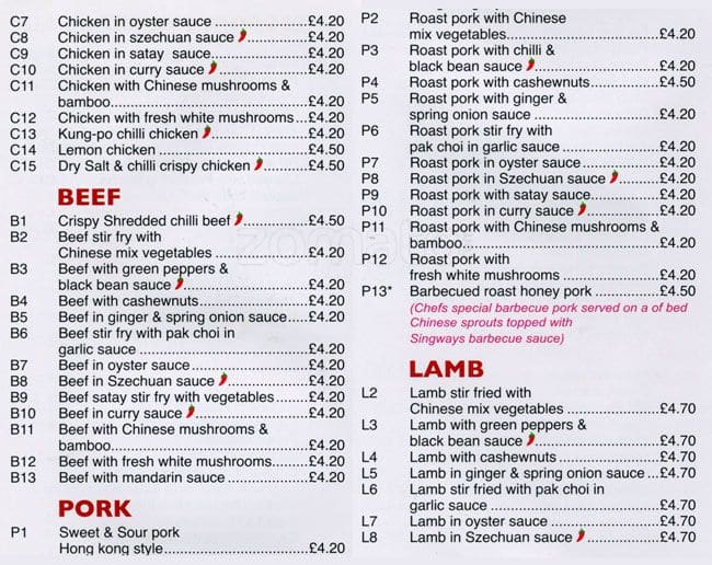 Menu at Sing way fast food, London, 399 Roman Rd