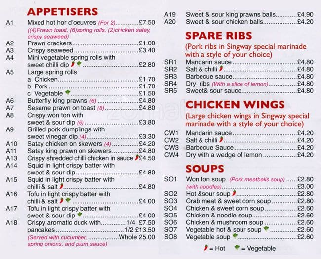 Menu at Sing way fast food, London, 399 Roman Rd
