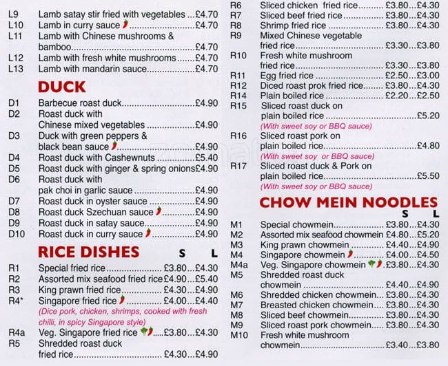 Menu at Sing way fast food, London, 399 Roman Rd