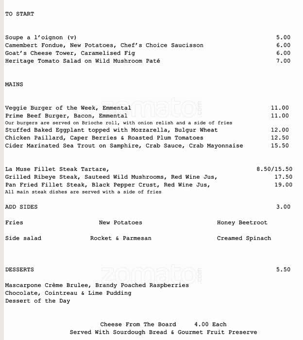 Menu at La Muse restaurant, London