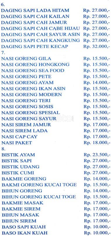 Menu at Sari Remaja restaurant, Jakarta