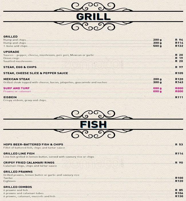 Menu at The Hops Bar & Restaurant - The Riverside Hotel & Spa, Durban