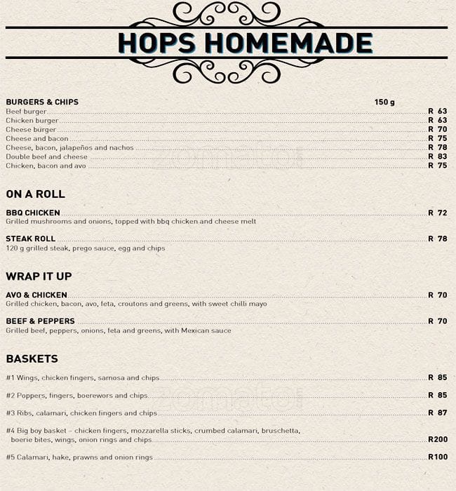 Menu at The Hops Bar & Restaurant - The Riverside Hotel & Spa, Durban