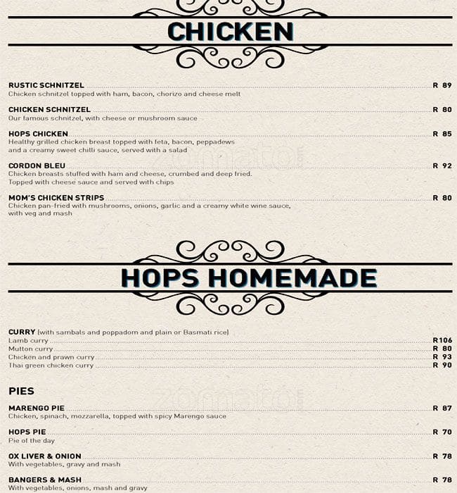 Menu at The Hops Bar & Restaurant - The Riverside Hotel & Spa, Durban