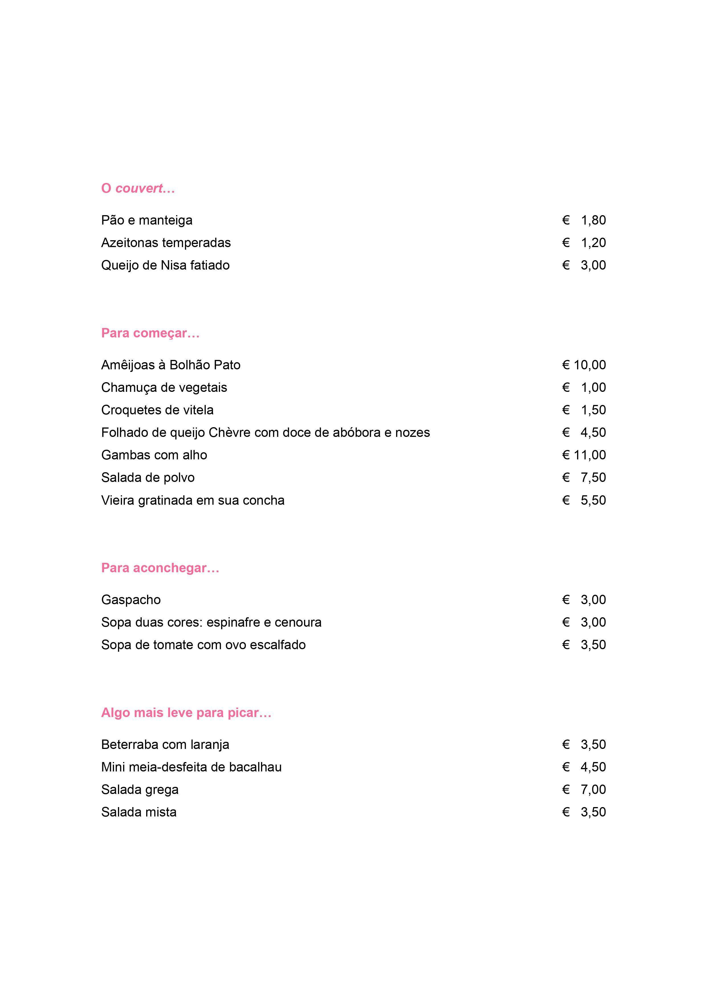 Menu at Rosa da Rua restaurant, Lisbon