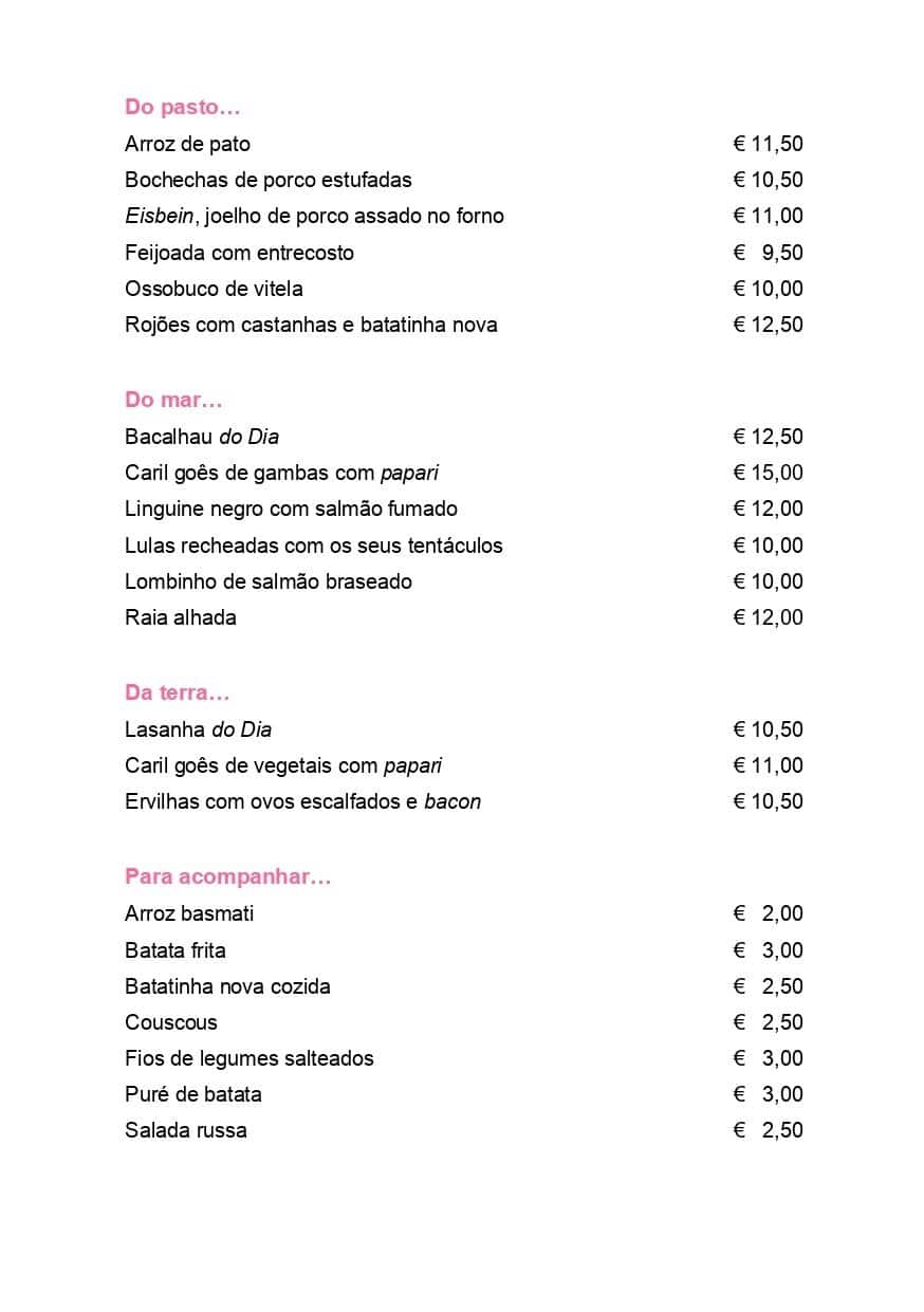 Menu at Rosa da Rua restaurant, Lisbon
