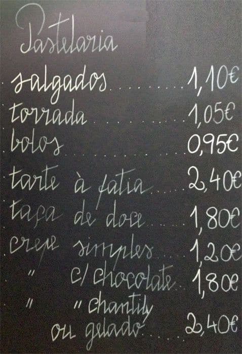 Menu em Tábula Rasa café, Lisboa