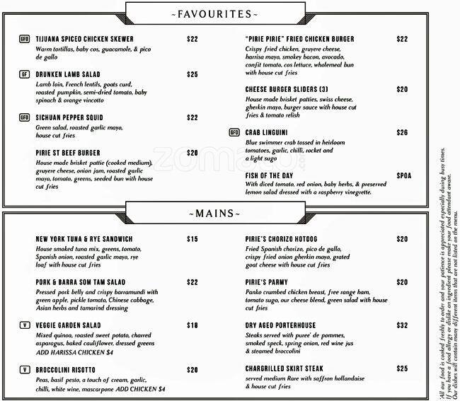 Menu at Pirie & Co. restaurant, Adelaide