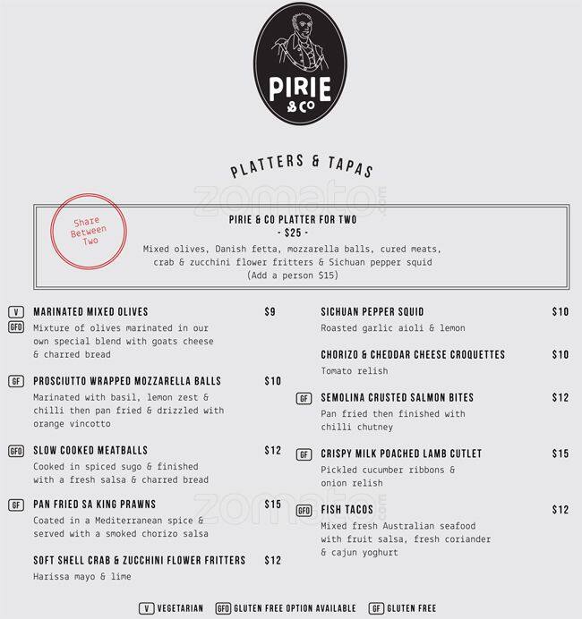 Menu at Pirie & Co. restaurant, Adelaide
