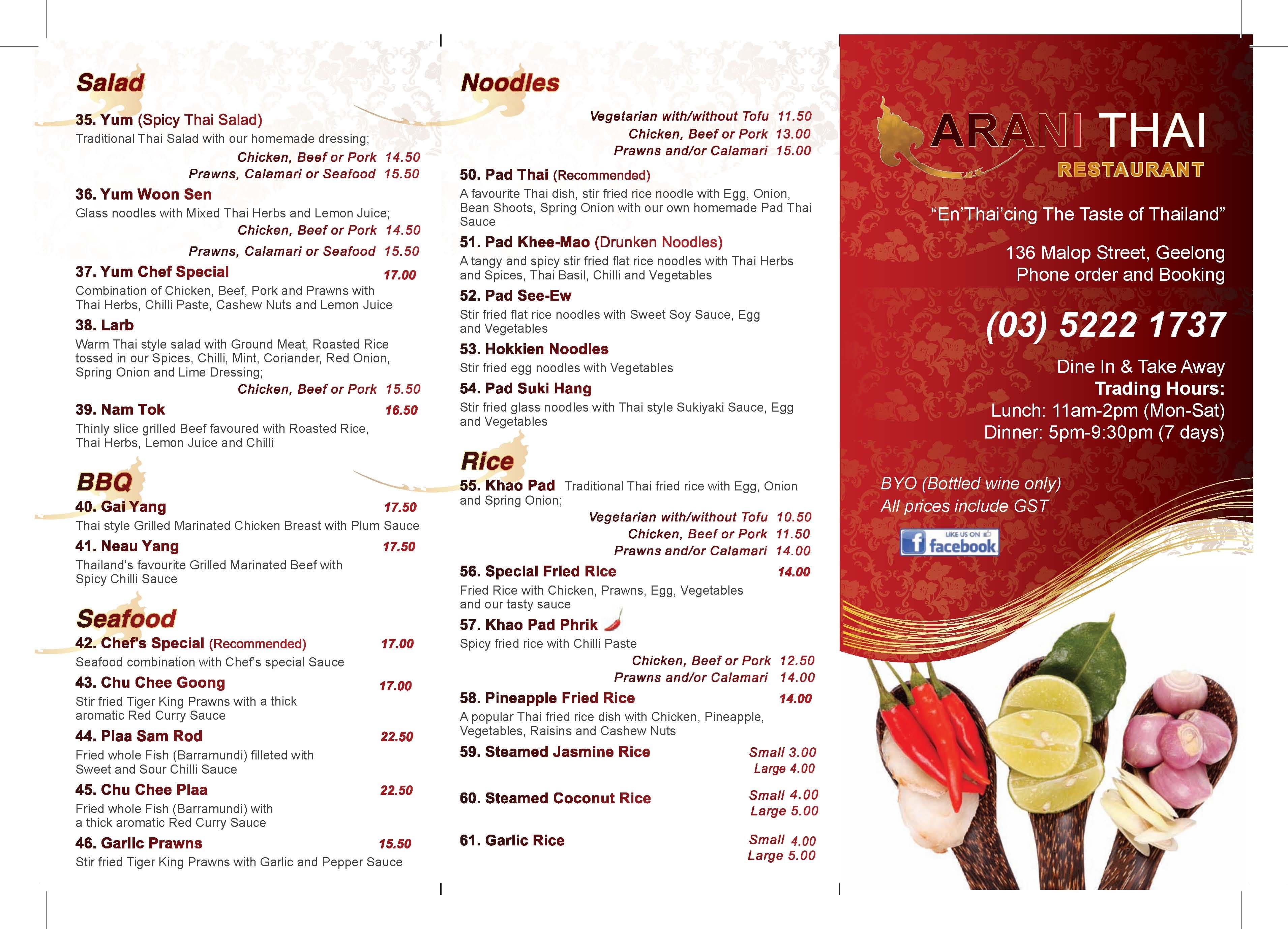 Menu at Arani Thai restaurant, Geelong
