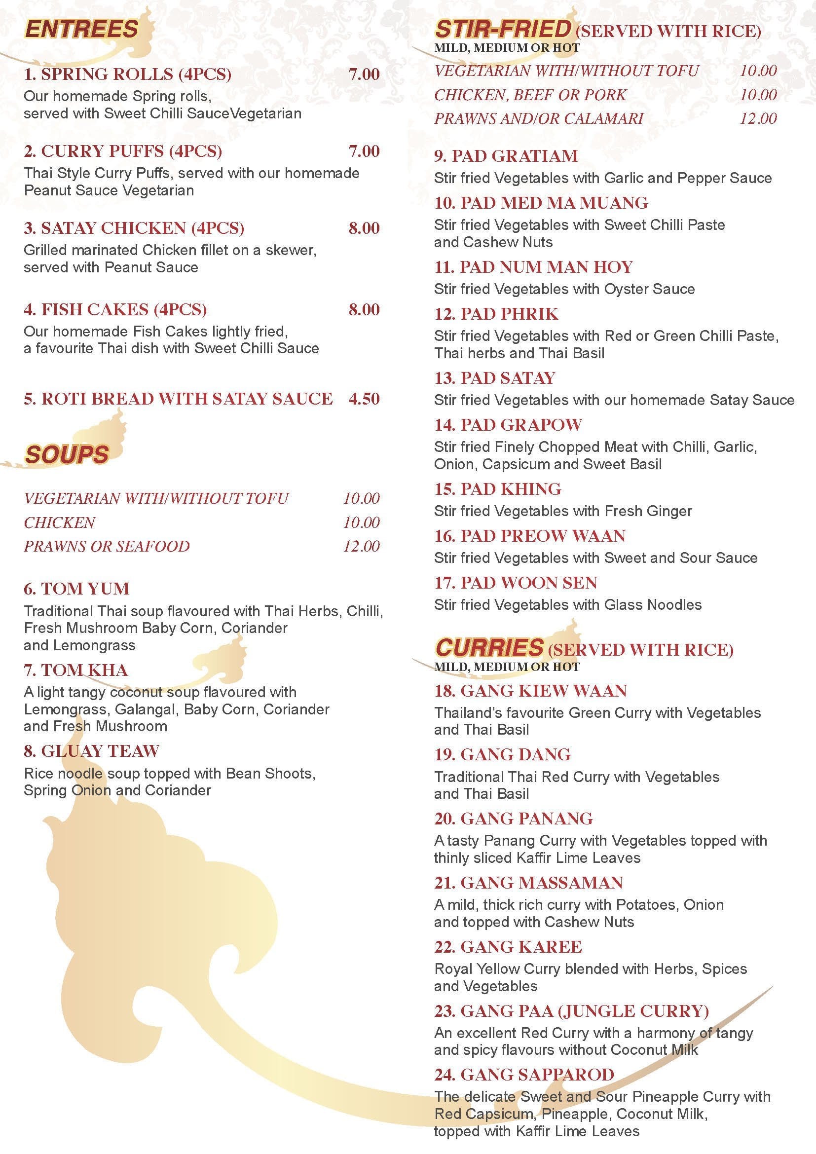 Menu at Arani Thai restaurant, Geelong