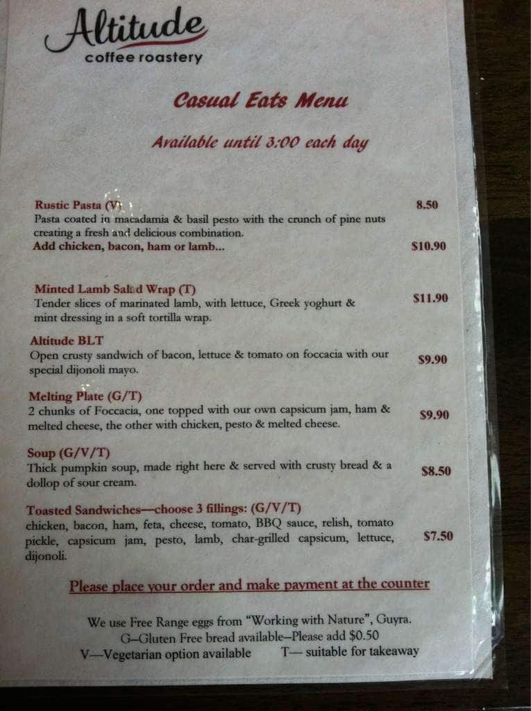 Menu at Altitude restaurant, Armidale