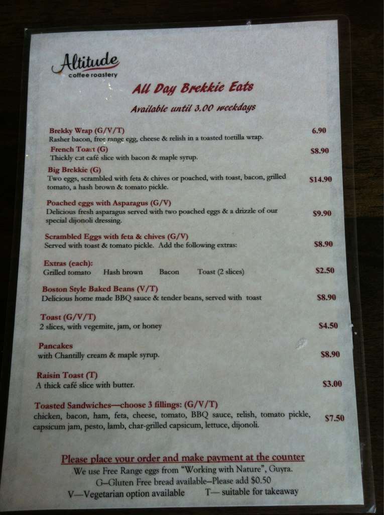 Menu at Altitude restaurant, Armidale