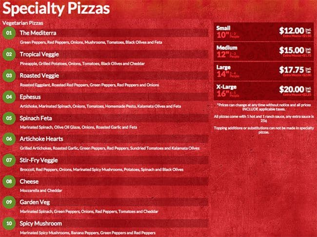 Menu at Fire Pizza pizzeria, Vancouver