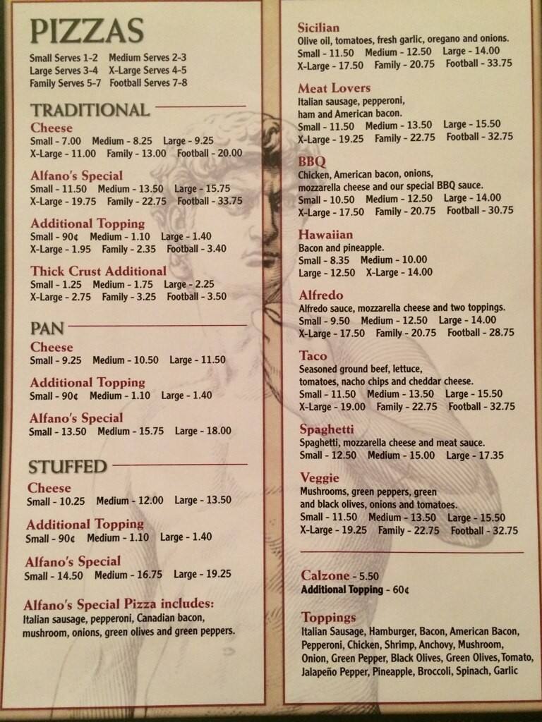 Menu at Alfano's Pizzeria & Italian in Rochelle, Rochelle
