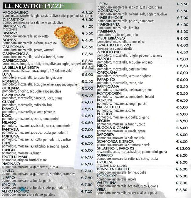 Menu da Ristorante Pizzeria Il Faro, Milano, Via Emilio de Martino