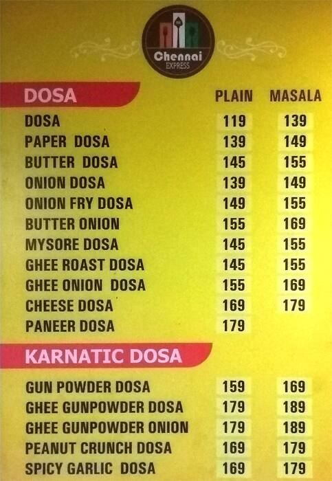 Menu at Chennai Express, Gurugram, Food Court