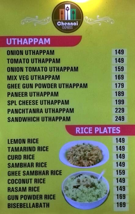 Menu at Chennai Express, Gurugram, Food Court