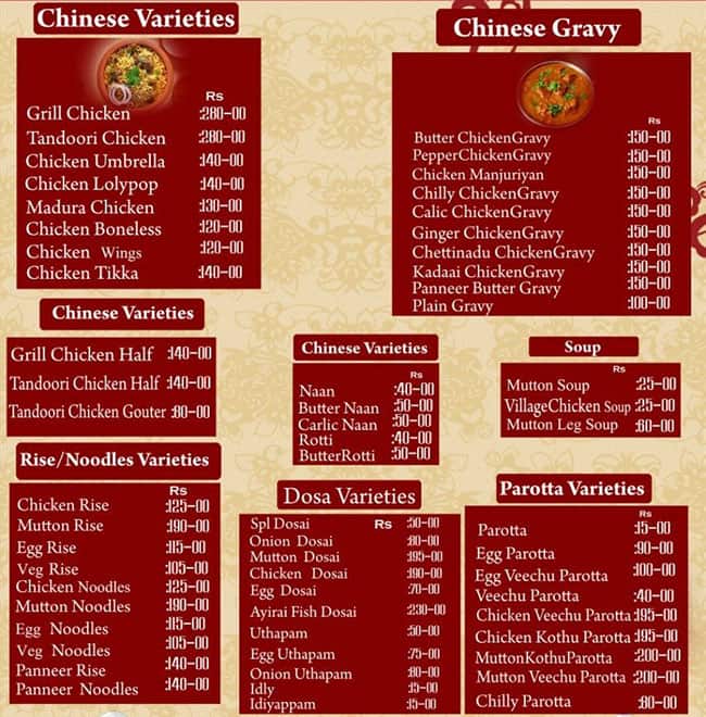 Menu of Krishnan Mess, Kamarajar Salai, Madurai