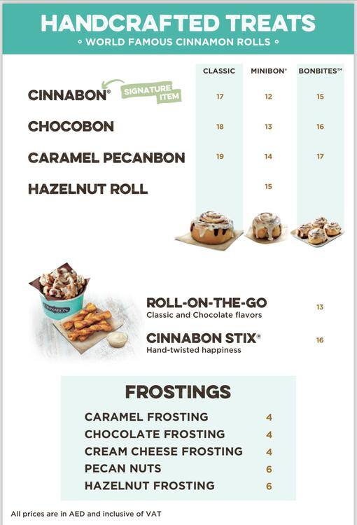 Menu of Cinnabon, Al Shahama, Abu Dhabi