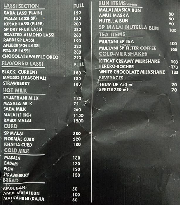 Menu of Old Multani Dairy, Mumbai Central, Mumbai