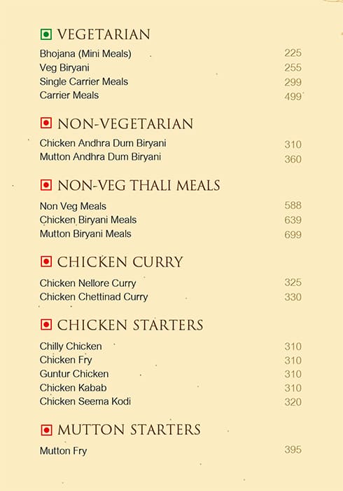 Menu of Royal Andhra Spice, Kalyan Nagar, Bangalore