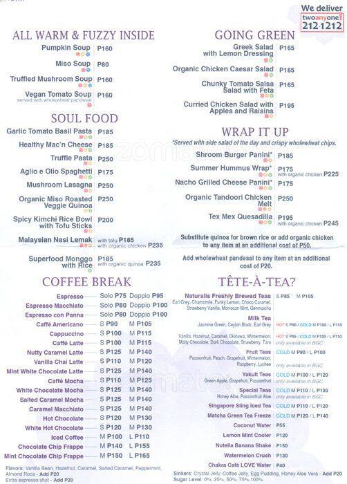 Carta del café Chakra, Ciudad Quezon
