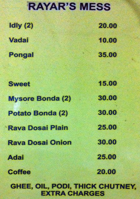 Rayar's Mess a Chennai: Foto del Menu con Prezzi - Zomato