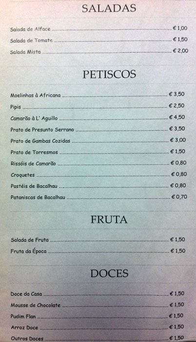 Menu em Tasquinha O Poeta pub & Bar, Lisboa