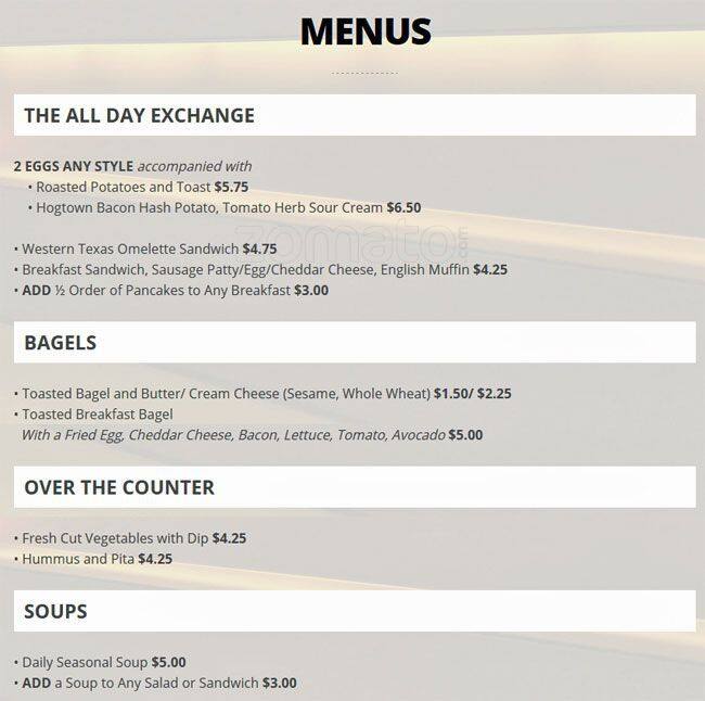 Menu at The Exchange cafe, Toronto, Rotman South Building