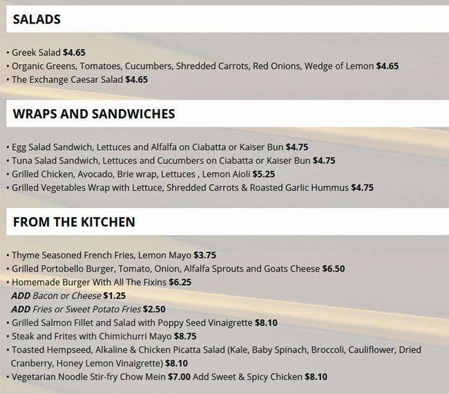 Menu at The Exchange cafe, Toronto, Rotman South Building