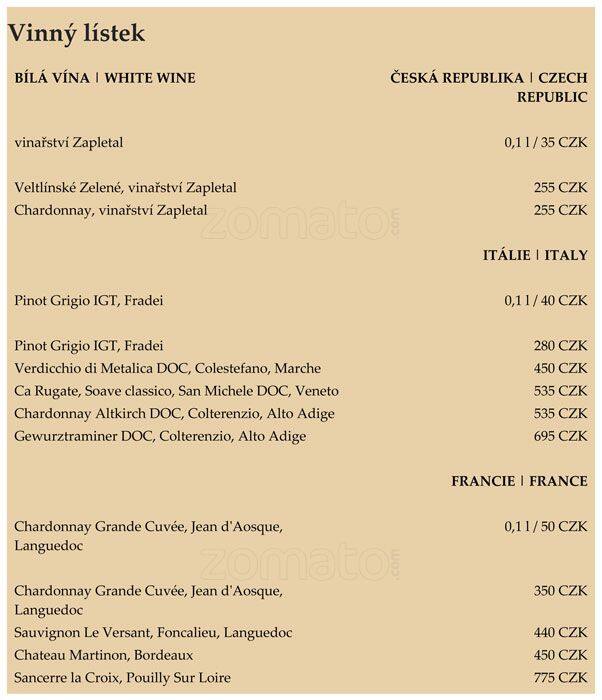 Menu at Brunello restaurant, Sulice