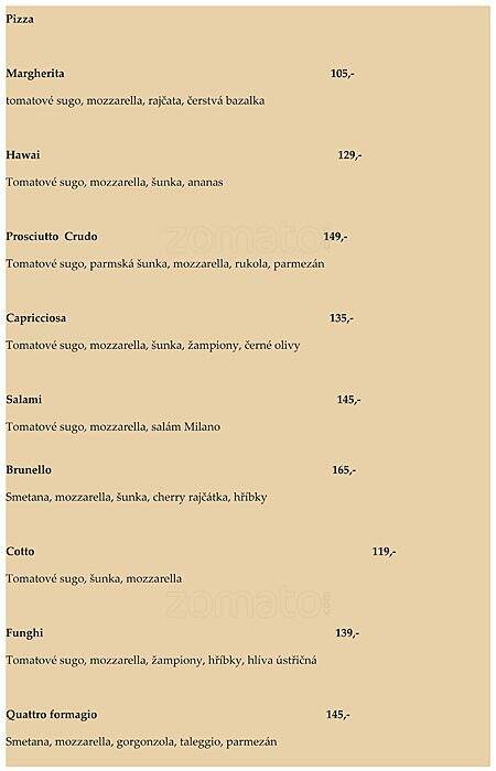 Menu at Brunello restaurant, Sulice
