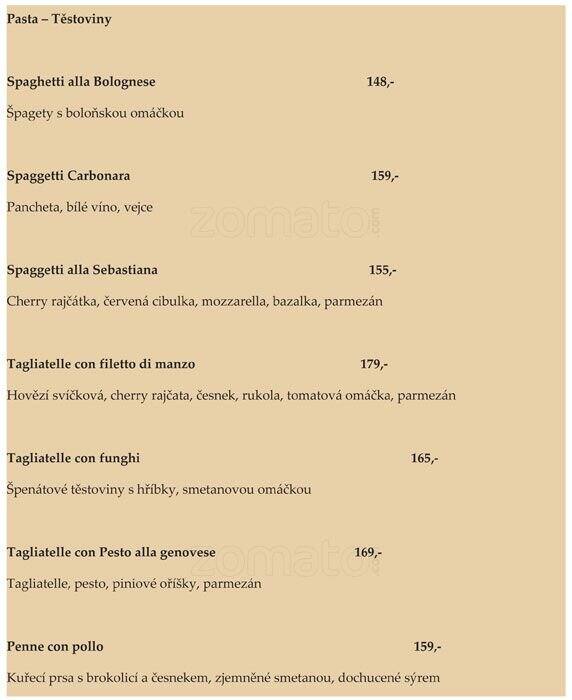 Menu at Brunello restaurant, Sulice