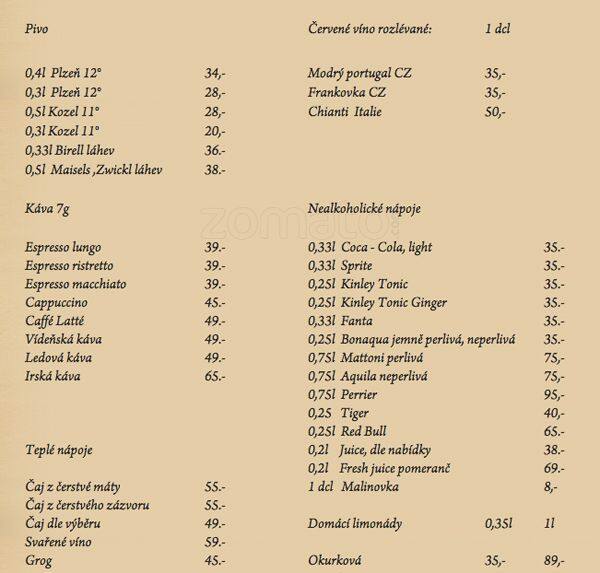 Menu at Brunello restaurant, Sulice
