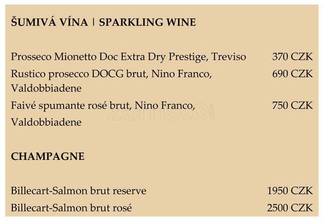 Menu at Brunello restaurant, Sulice