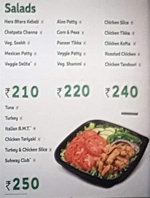 Menu of Subway, Anjuna, Goa