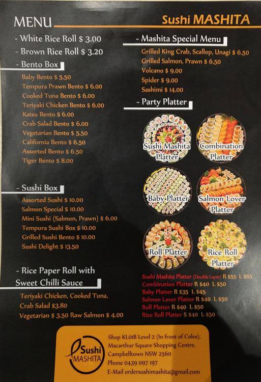 Menu at Sushi Mashita Macarthur Square restaurant, Campbelltown