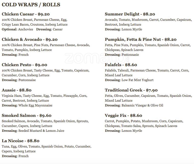 Menu at Wrap It Fresh fast food, South Melbourne