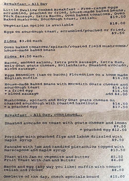 Menu at Little Swallow Cafe, Kyneton