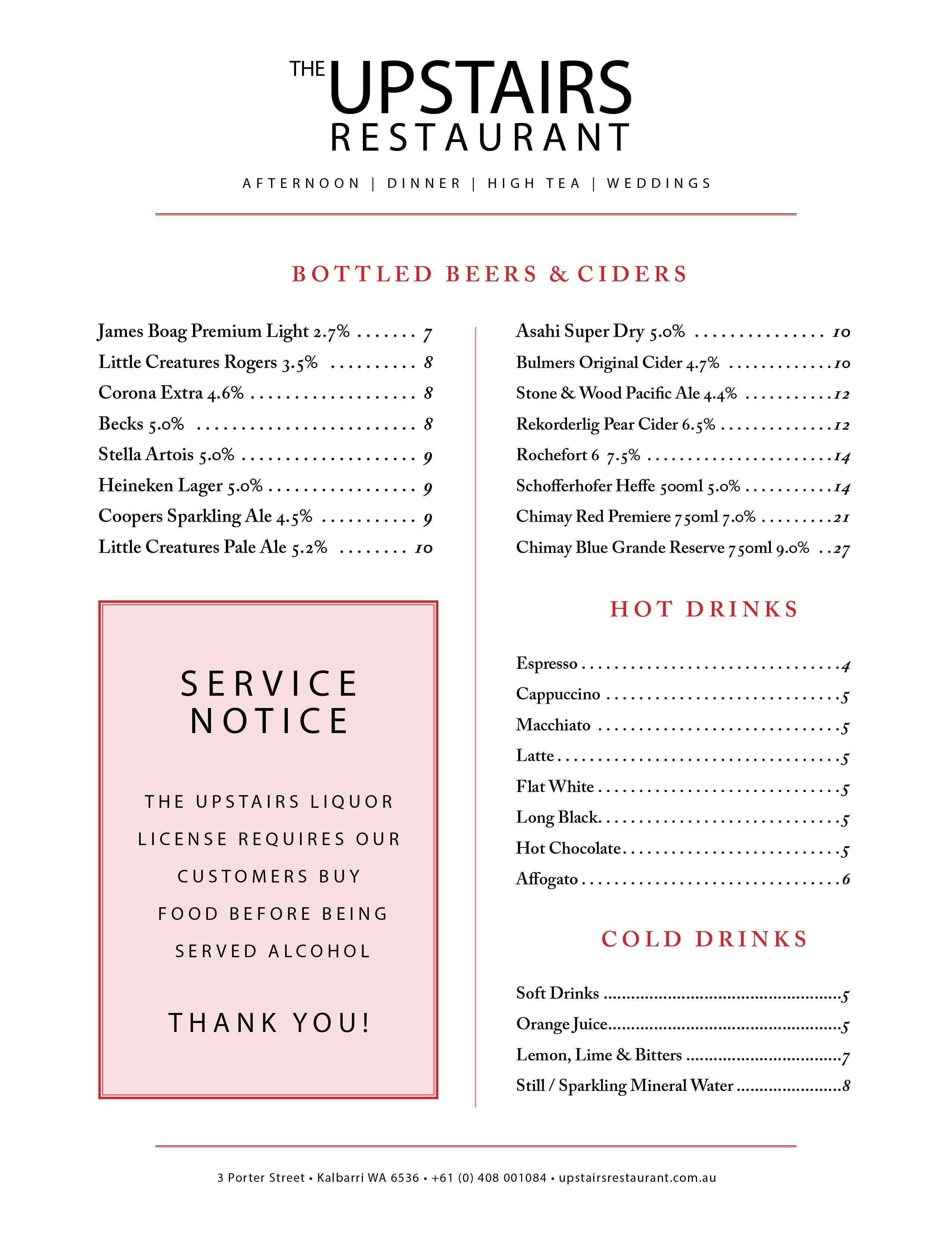 Menu at Upstairs Restaurant, Kalbarri