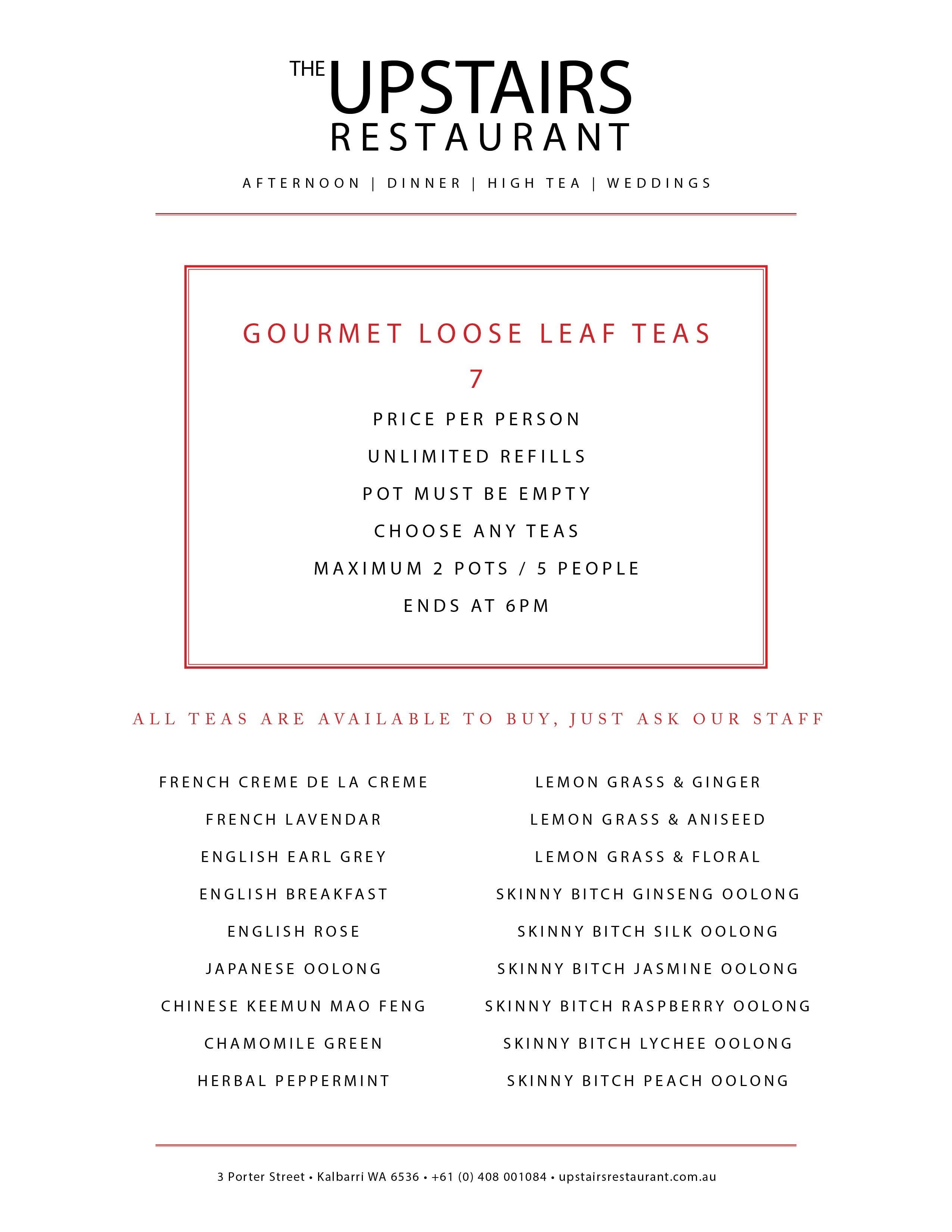 Menu at Upstairs Restaurant, Kalbarri