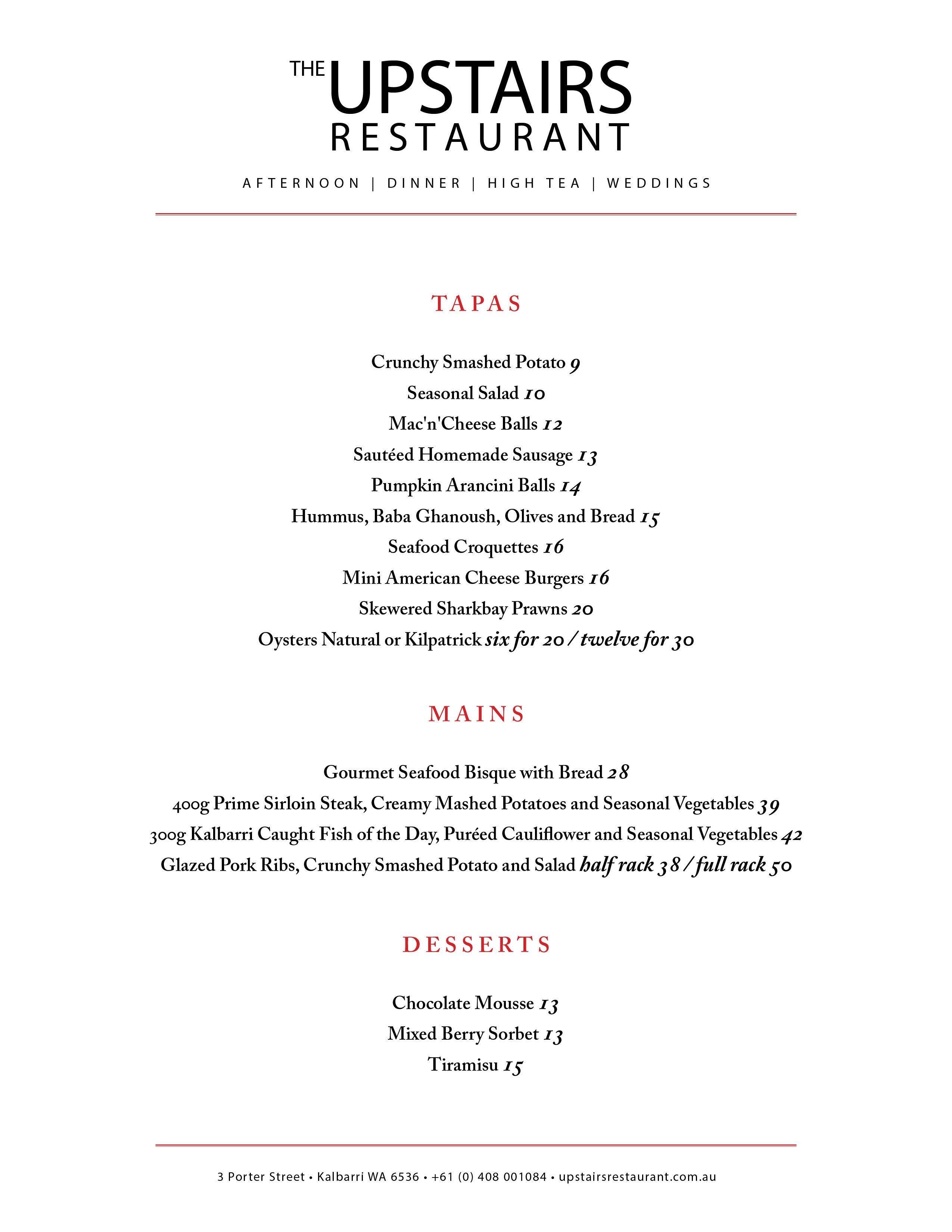 Menu at Upstairs Restaurant, Kalbarri