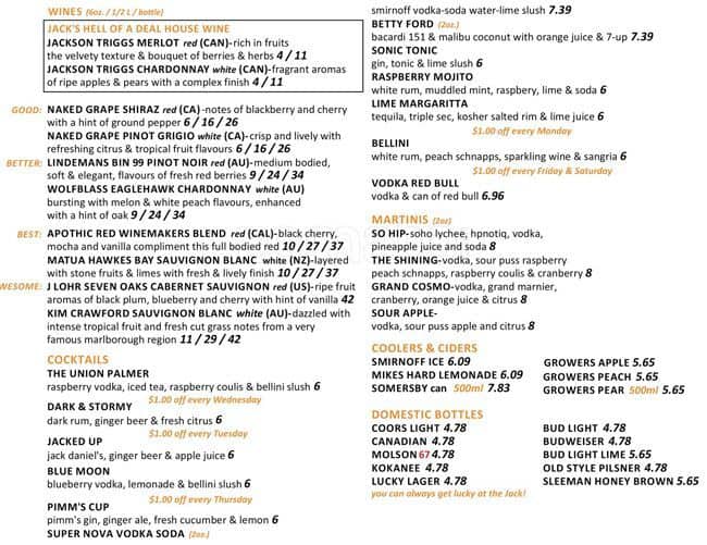 Menu at Union Jack Public House, New Westminster