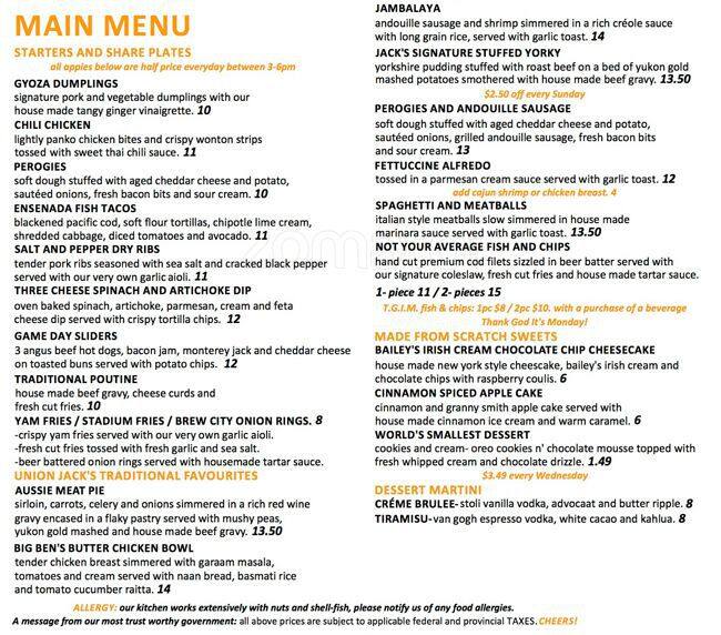 Menu at Union Jack Public House, New Westminster