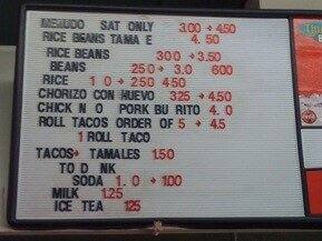 Menu at Las Cuatro Milpas restaurant, San Diego