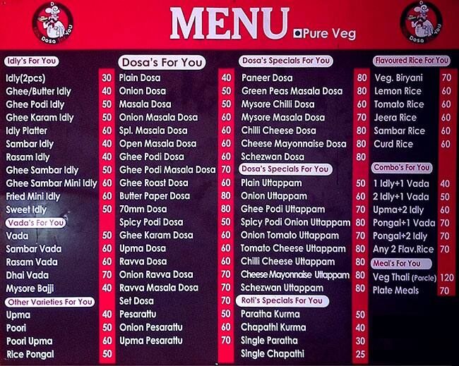 Menu of Idly Dosa for You, Miyapur, Hyderabad
